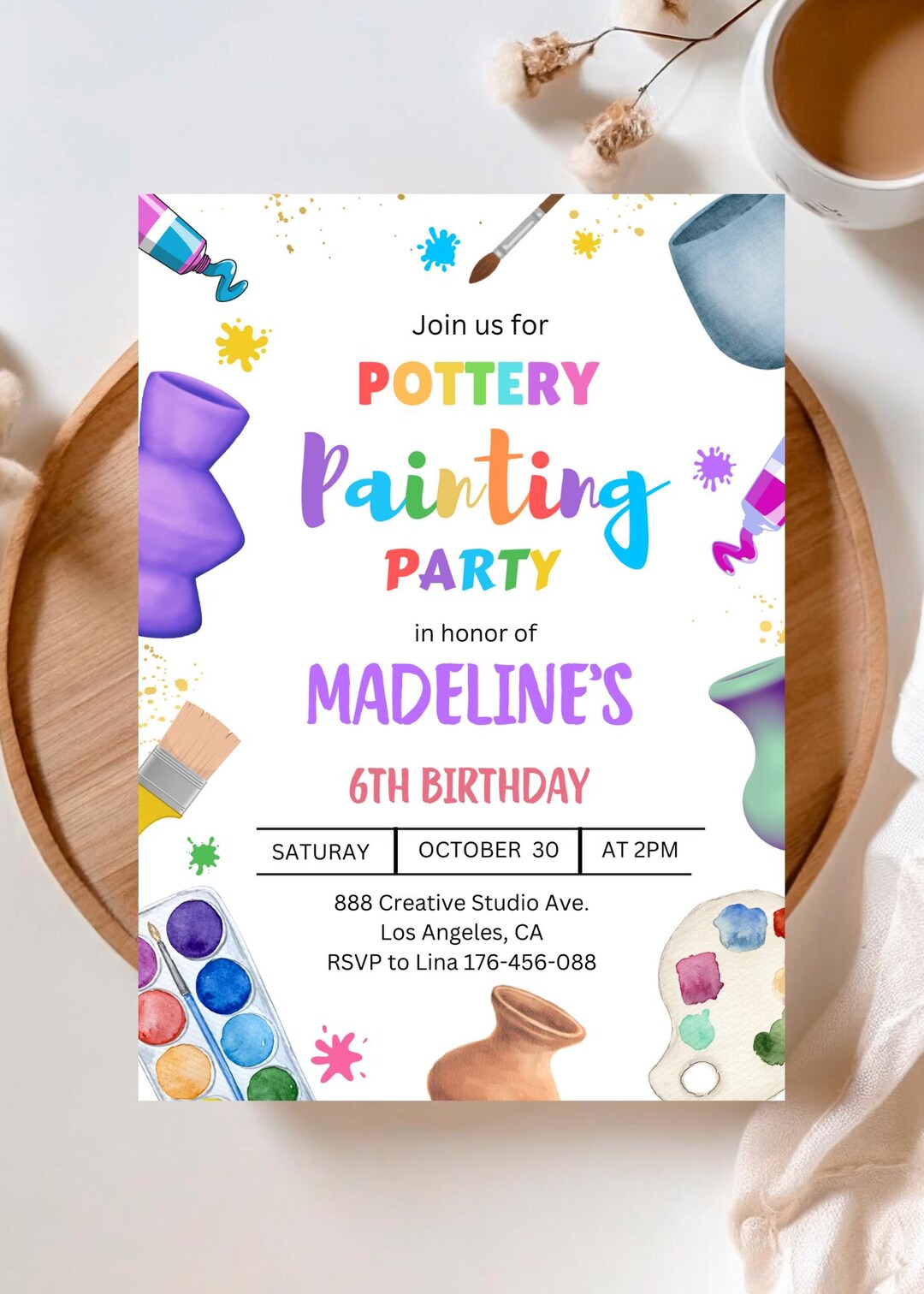 Editable Kids Pottery Painting Birthday Invitation Template ...