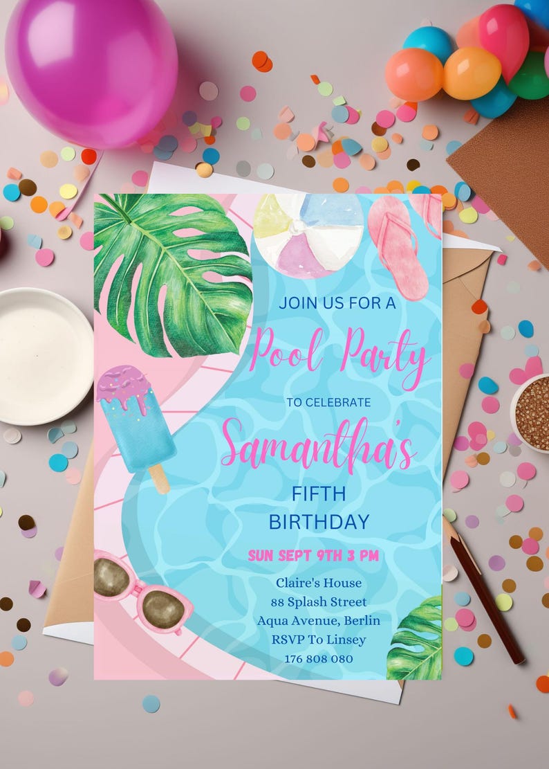 Kids Women Editable Colorful Pool Party Invitation, Cute Summer ...