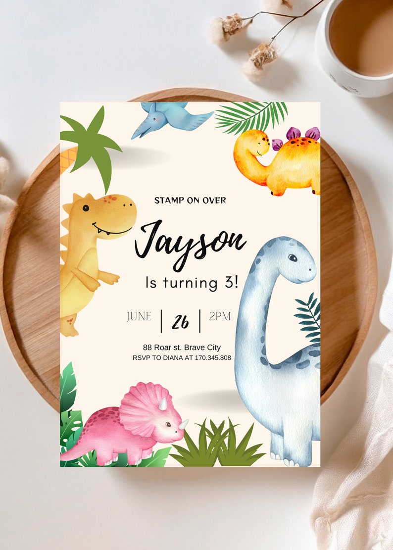 Kids Baby Editable Cute Watercolor Dinosaur Birthday Invitation Canva ...
