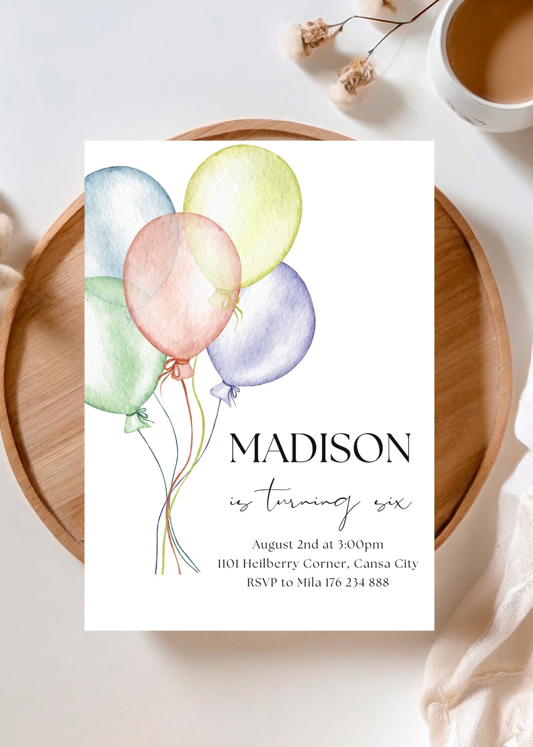 Kids Baby Editable Cute Watercolor Coloful Balloon Birthday Invitation ...