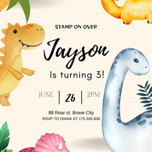 Kids Baby Editable Cute Watercolor Dinosaur Birthday Invitation Canva ...