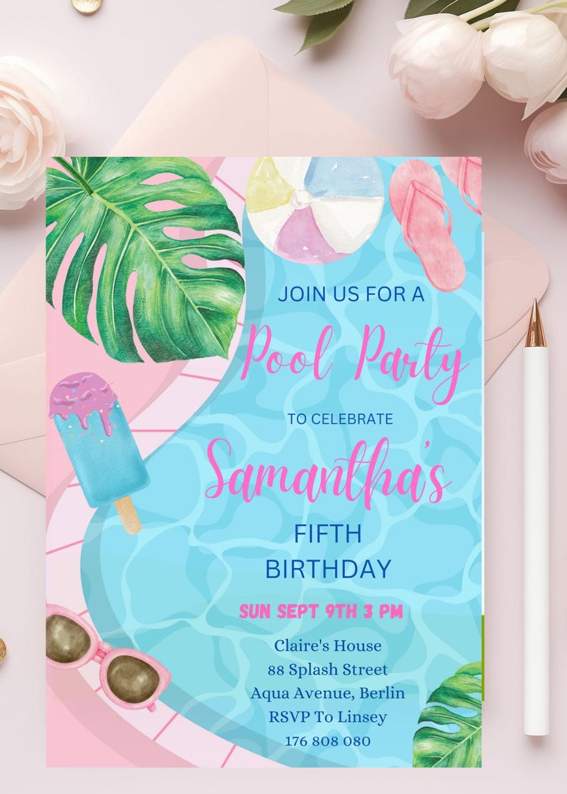 Kids Women Editable Colorful Pool Party Invitation, Cute Summer ...