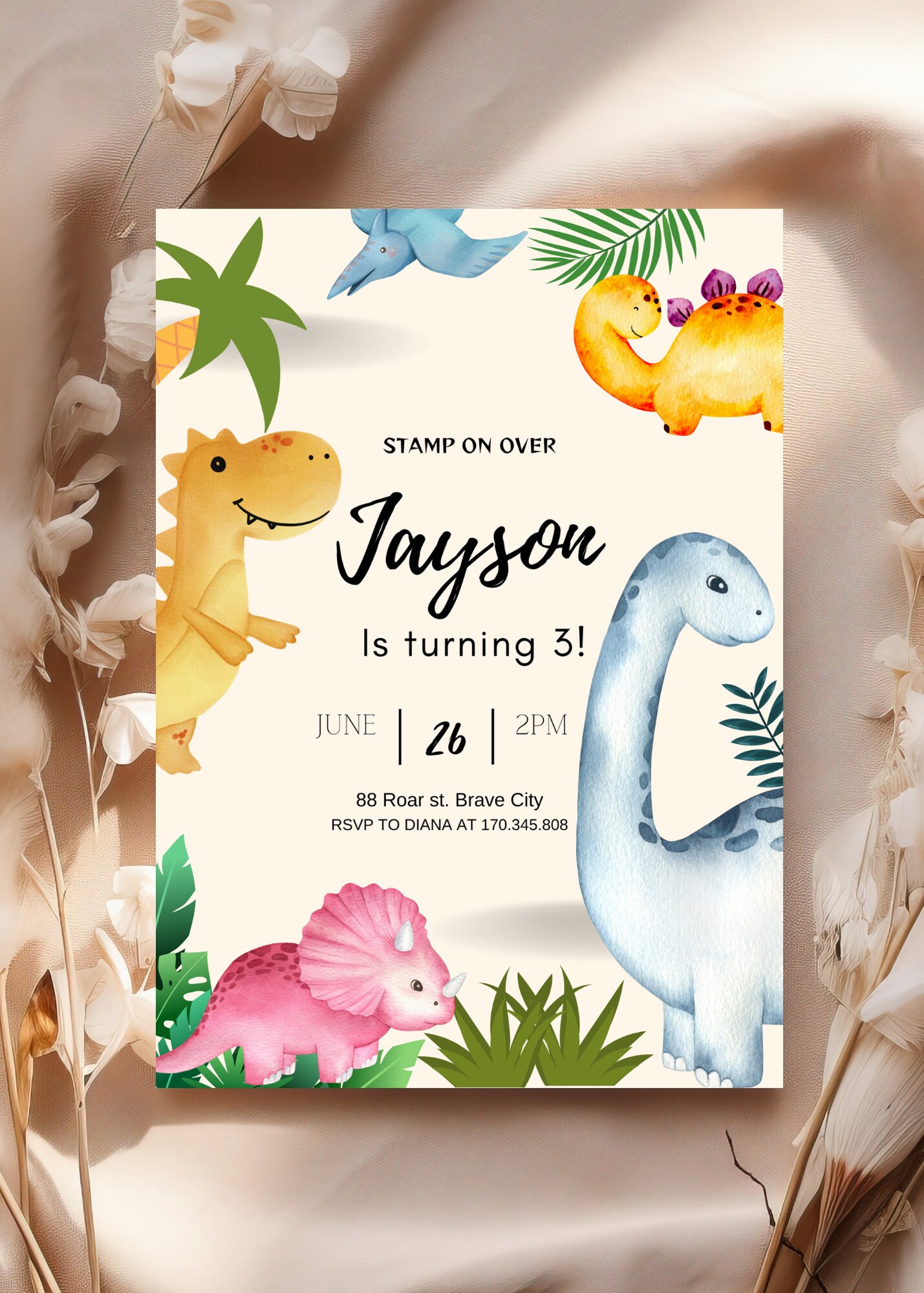 Kids Baby Editable Cute Watercolor Dinosaur Birthday Invitation Canva ...