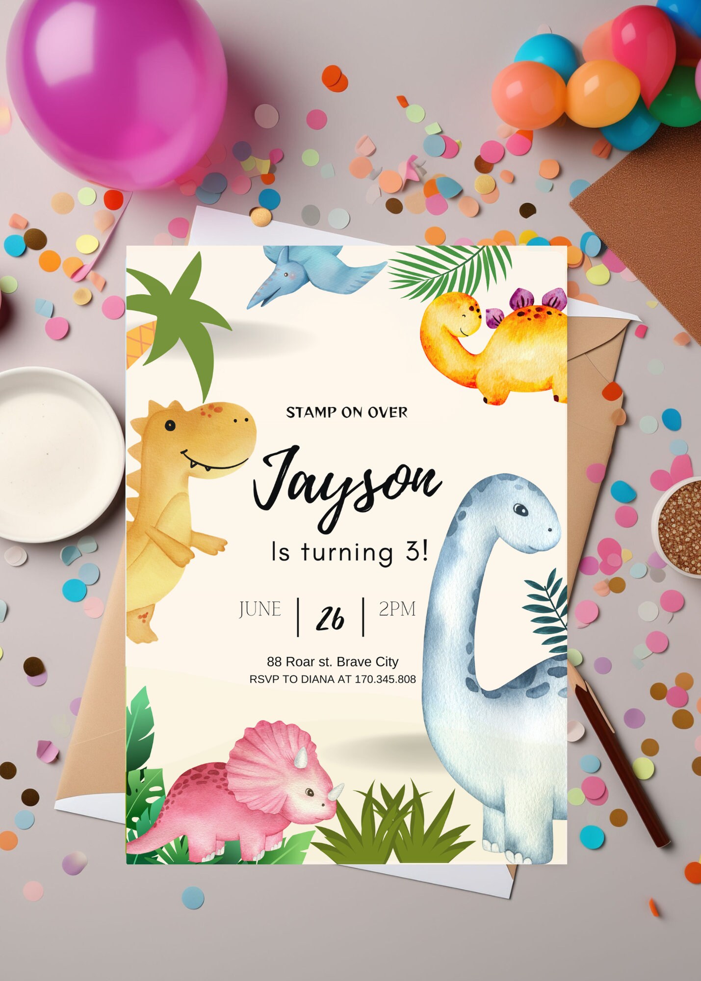 Kids Baby Editable Cute Watercolor Dinosaur Birthday Invitation Canva ...