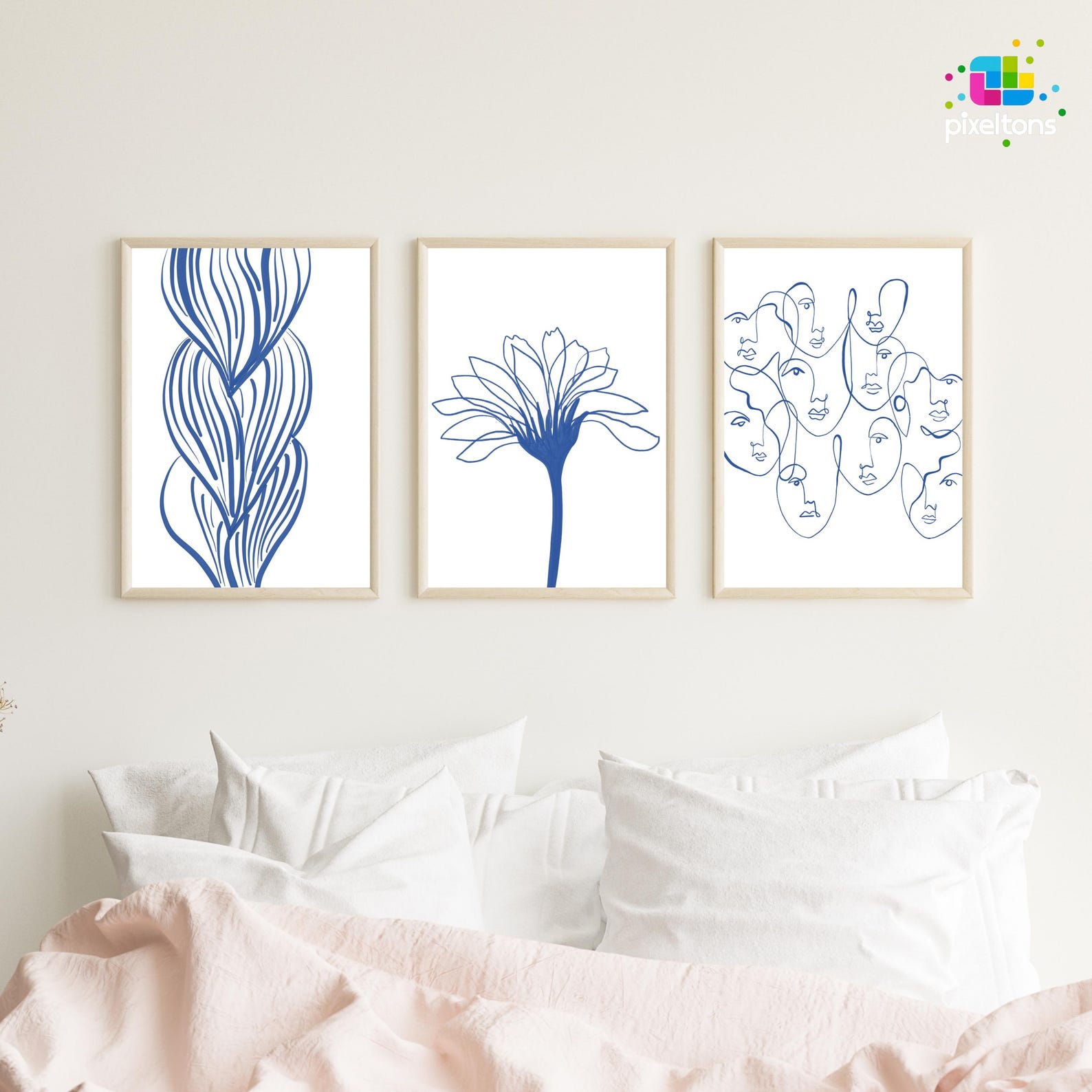 Blue Line Art Print Set: Minimalist Botanical Faces Decor (digital ...
