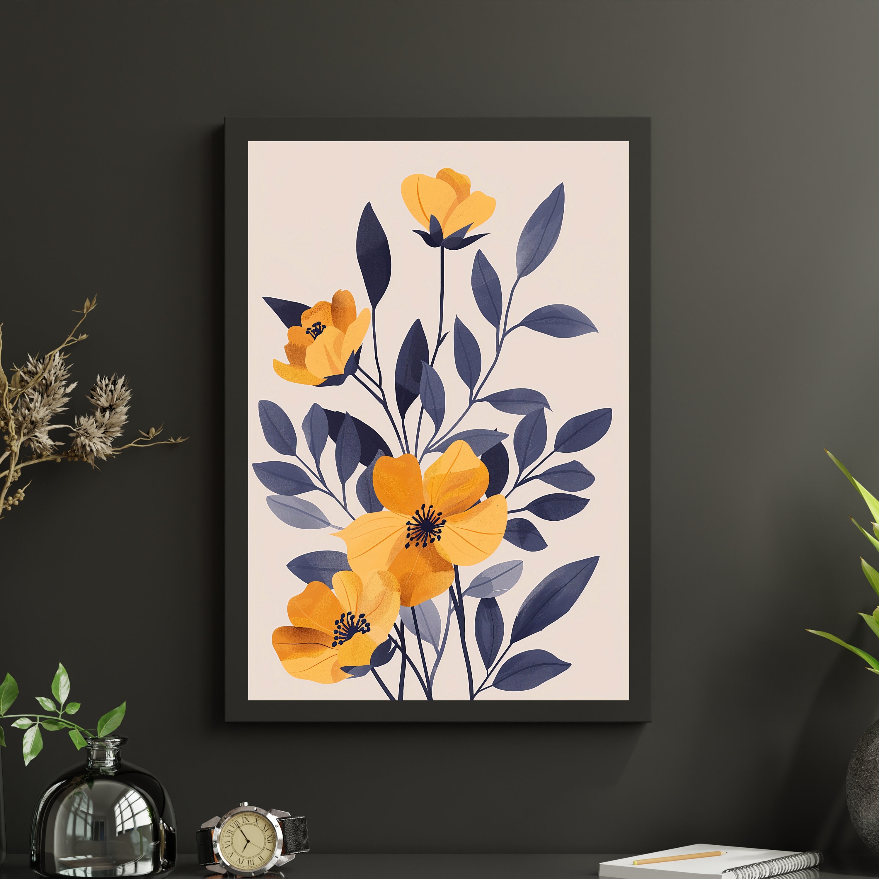 Flowers and Leaves Poster Modern Floral Print Stylish Wall Art Gift for ...