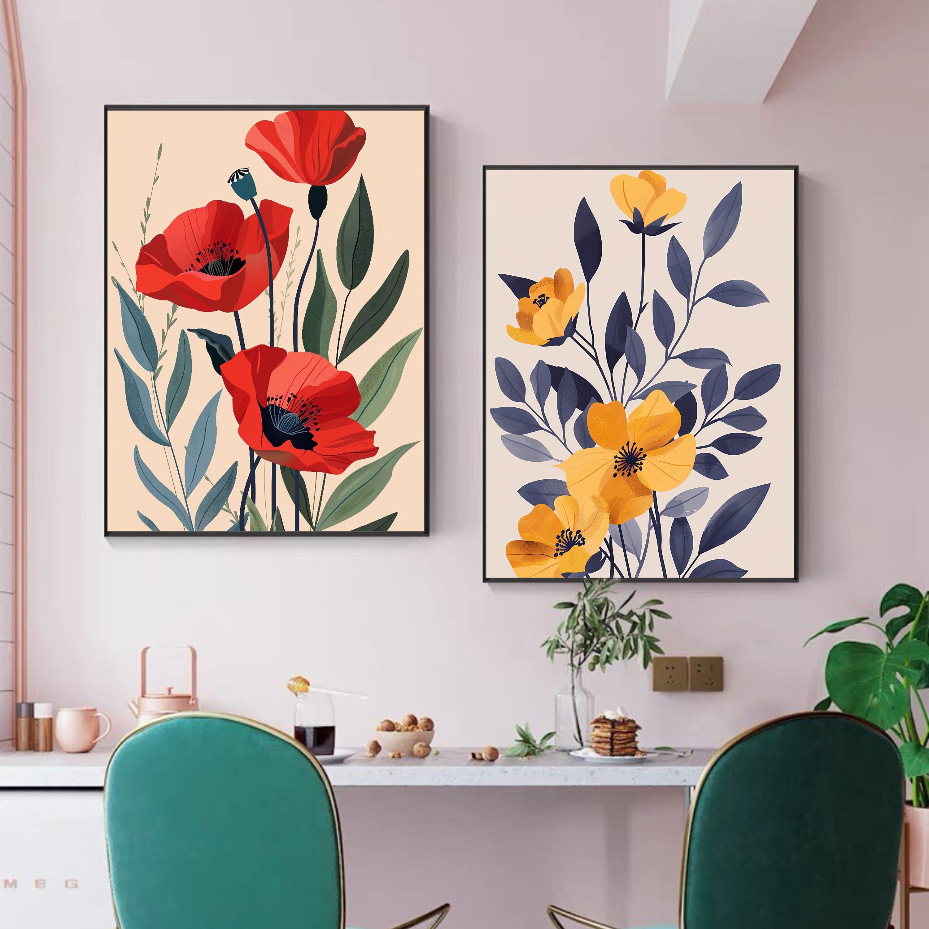 Flowers and Leaves Poster Modern Floral Print Stylish Wall Art Gift for ...