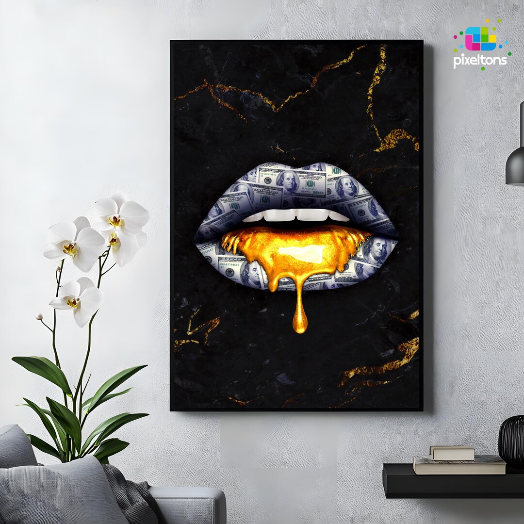 Luxury Money Lips Wall Art Print Surreal Black and Gold Poster Modern ...