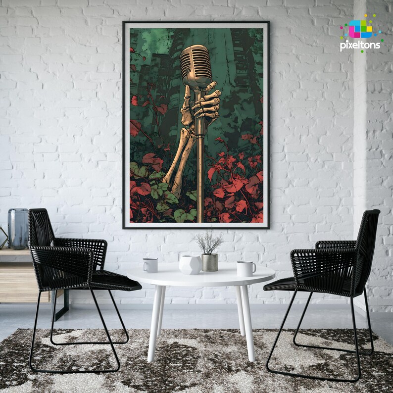 Skeleton Hand Microphone Poster: Retro Gothic Musician Art (digital ...