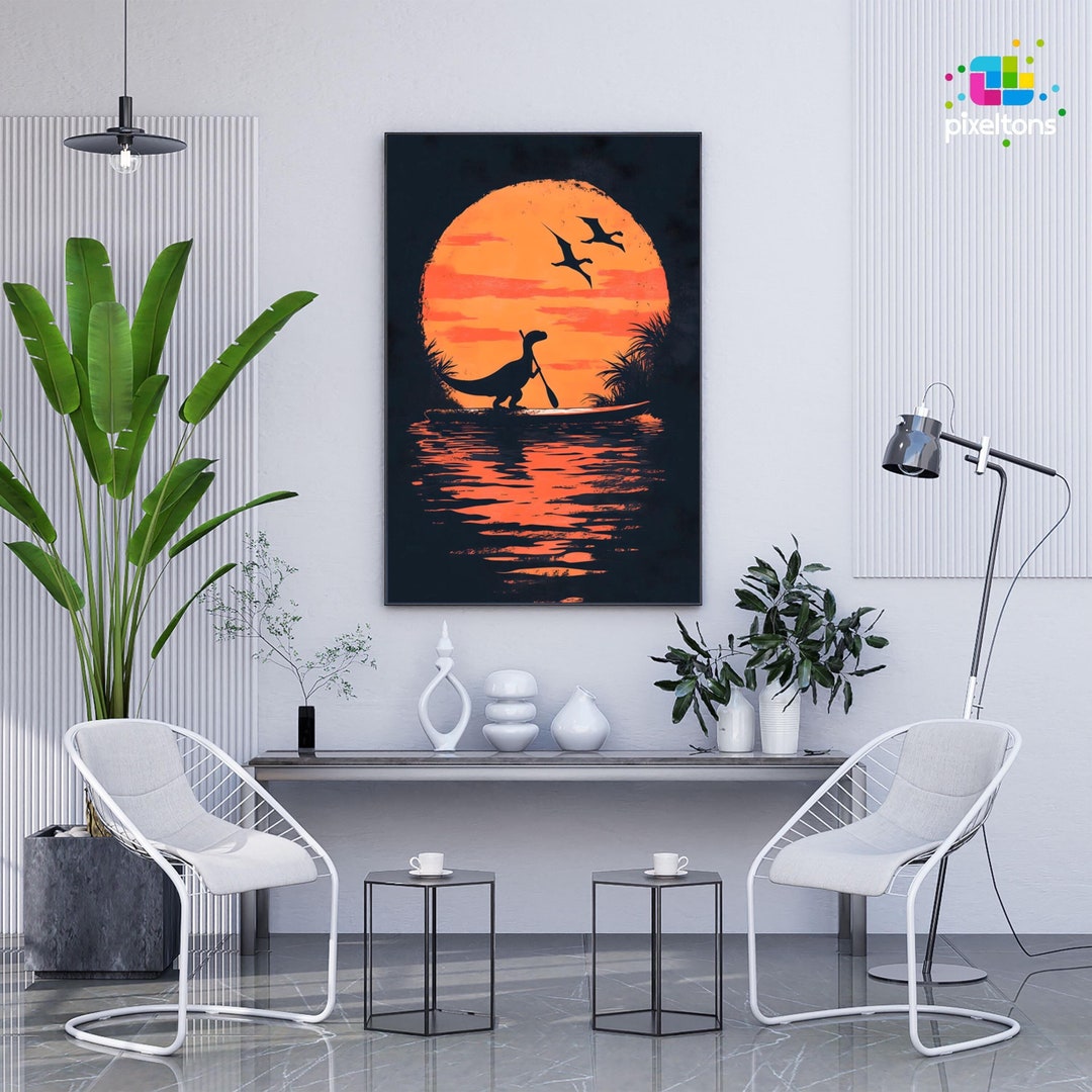 Dinosaur Sunset Wall Art Poster Prehistoric Silhouette Art Print Funny ...