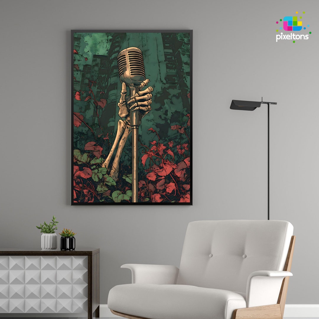 Skeleton Hand Microphone Poster: Retro Gothic Musician Art (digital ...