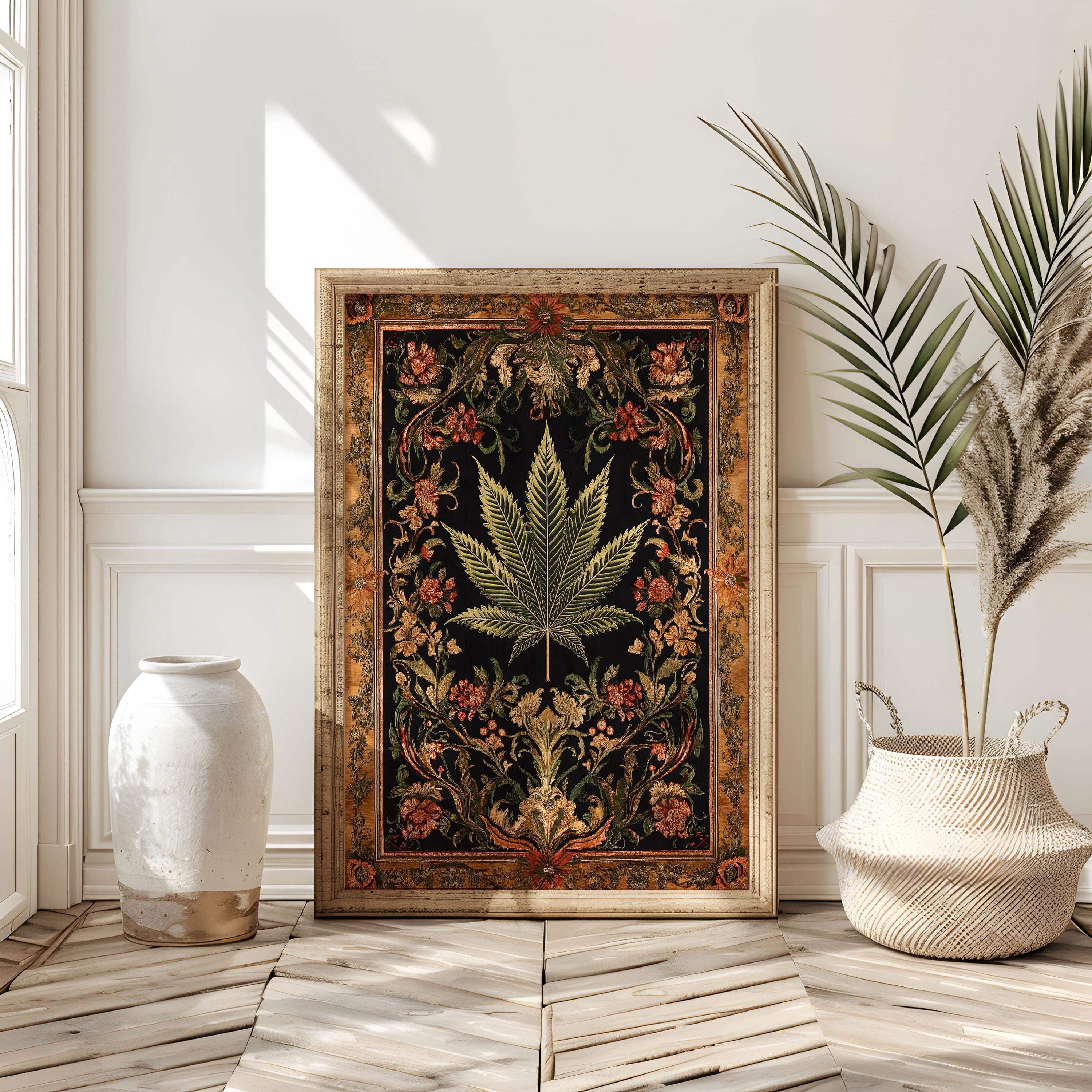 Vintage Cannabis Wall Art Ornate Botanical Poster With Floral Accents ...