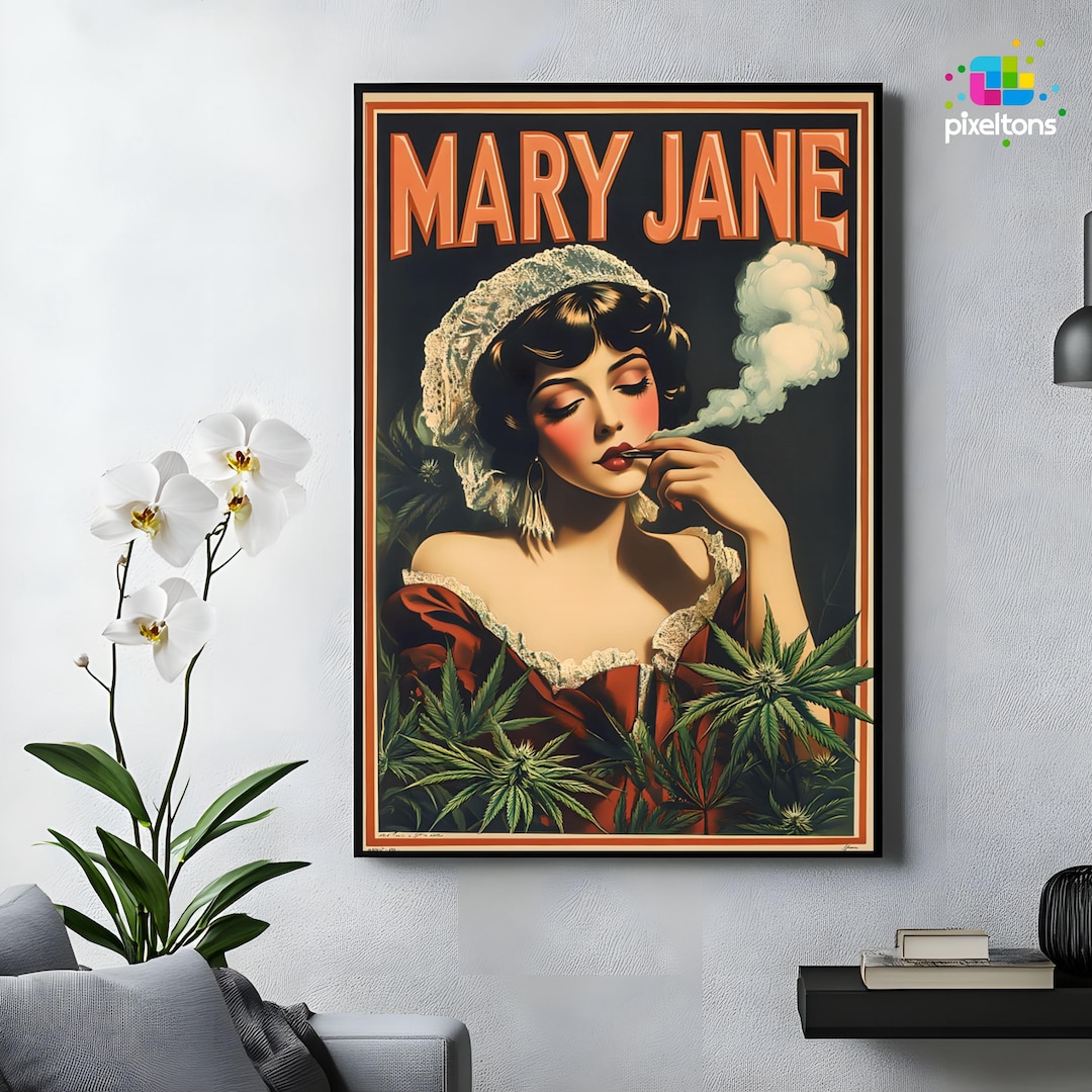 Vintage Mary Jane Wall Art Poster Cannabis Inspired Print Retro Smoking Lady Illustration ...