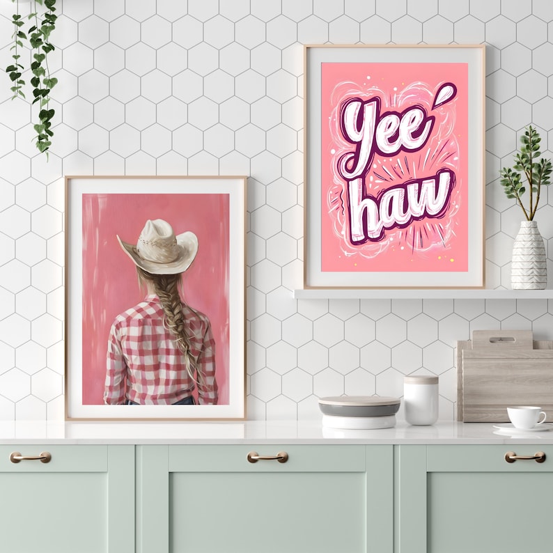 Yee Haw Cowgirl Art Print Set: Pink Western Disco Ball (digital ...
