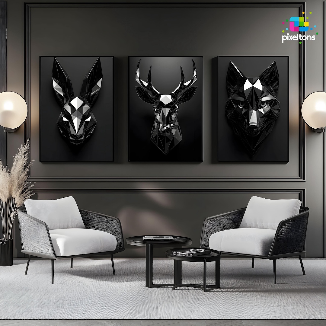 Set of 3 Black Geometric Animal Wall Art Deer Wolf Rabbit Posters ...
