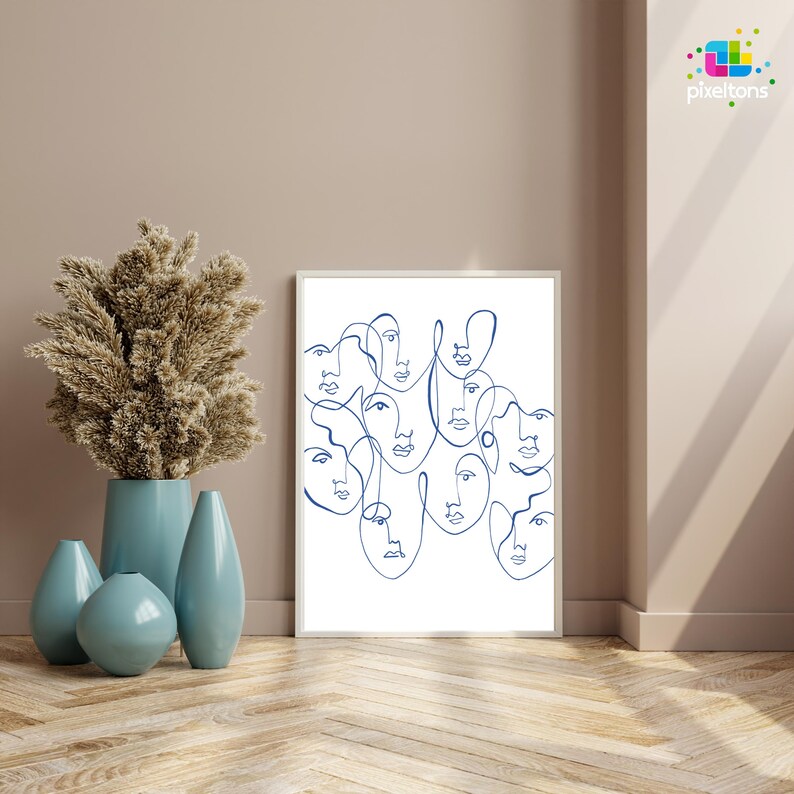 Blue Line Art Print Set: Minimalist Botanical Faces Decor (digital ...