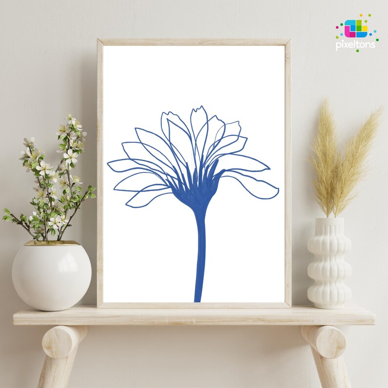 Blue Line Art Print Set: Minimalist Botanical Faces Decor (digital ...