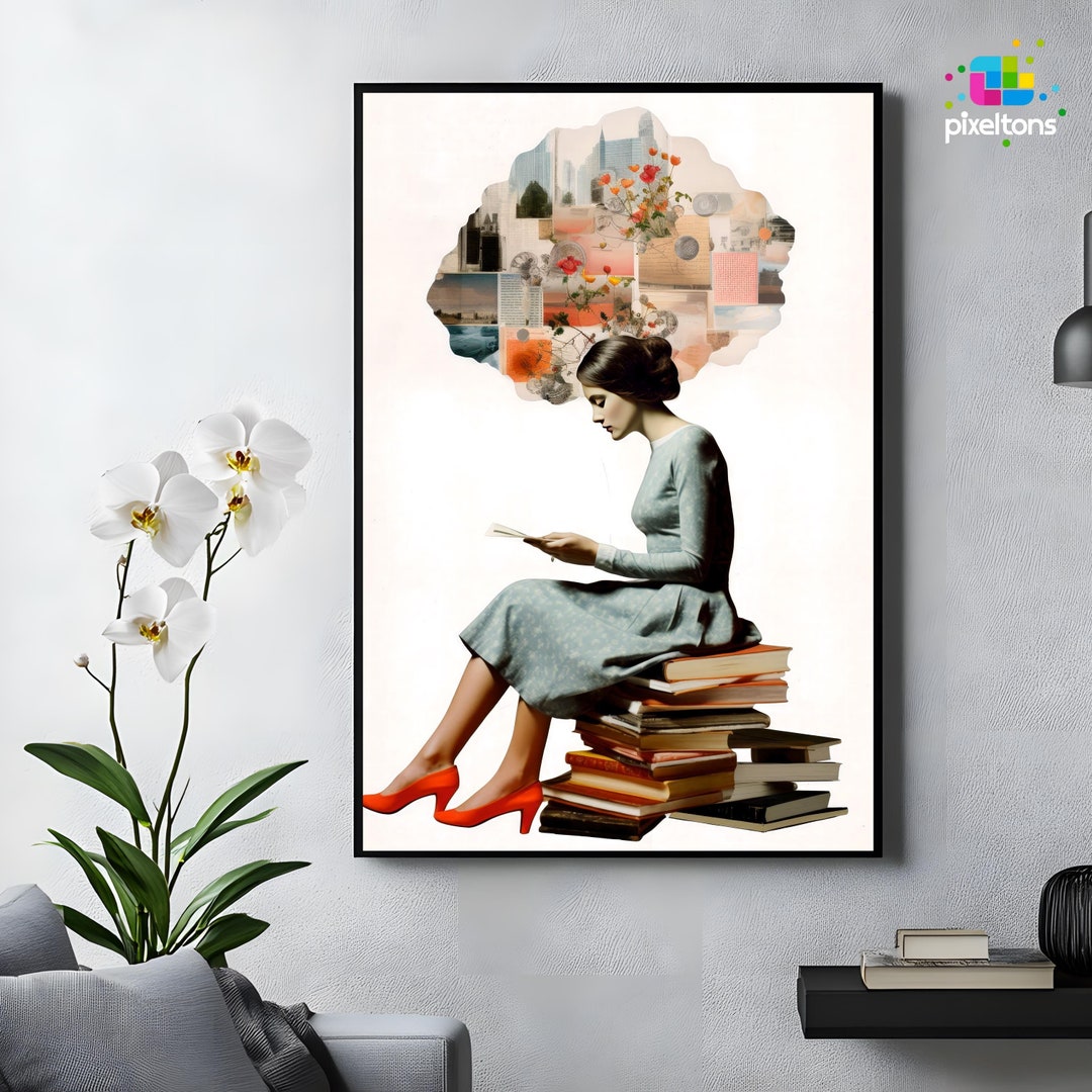 Vintage Reading Woman Wall Art Print Book Lover Surrealism Poster Stack ...