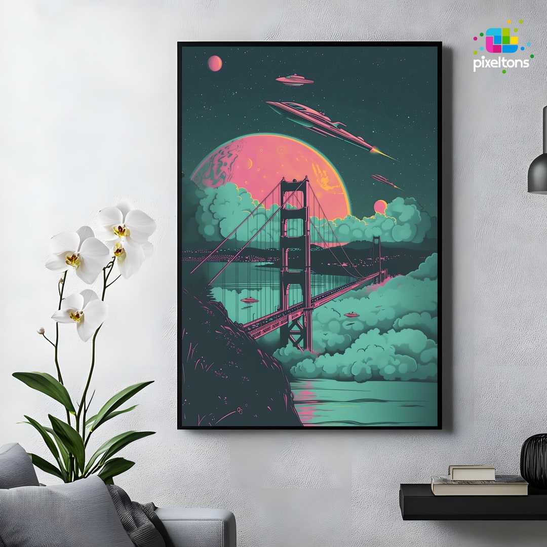 Retro Futuristic Sci-fi Poster Golden Gate Bridge UFO Spaceship Neon ...