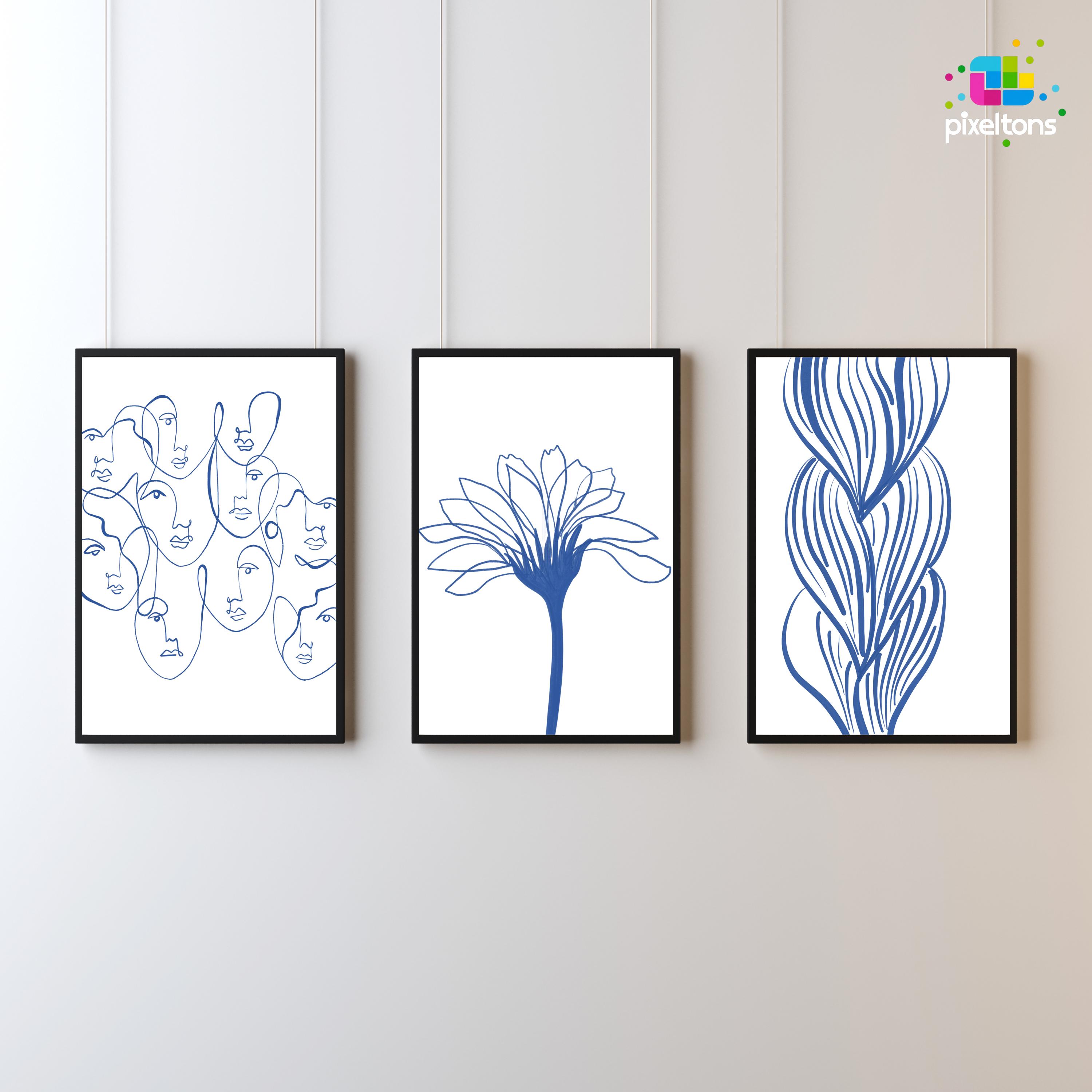 Blue Line Art Print Set: Minimalist Botanical Faces Decor (digital ...