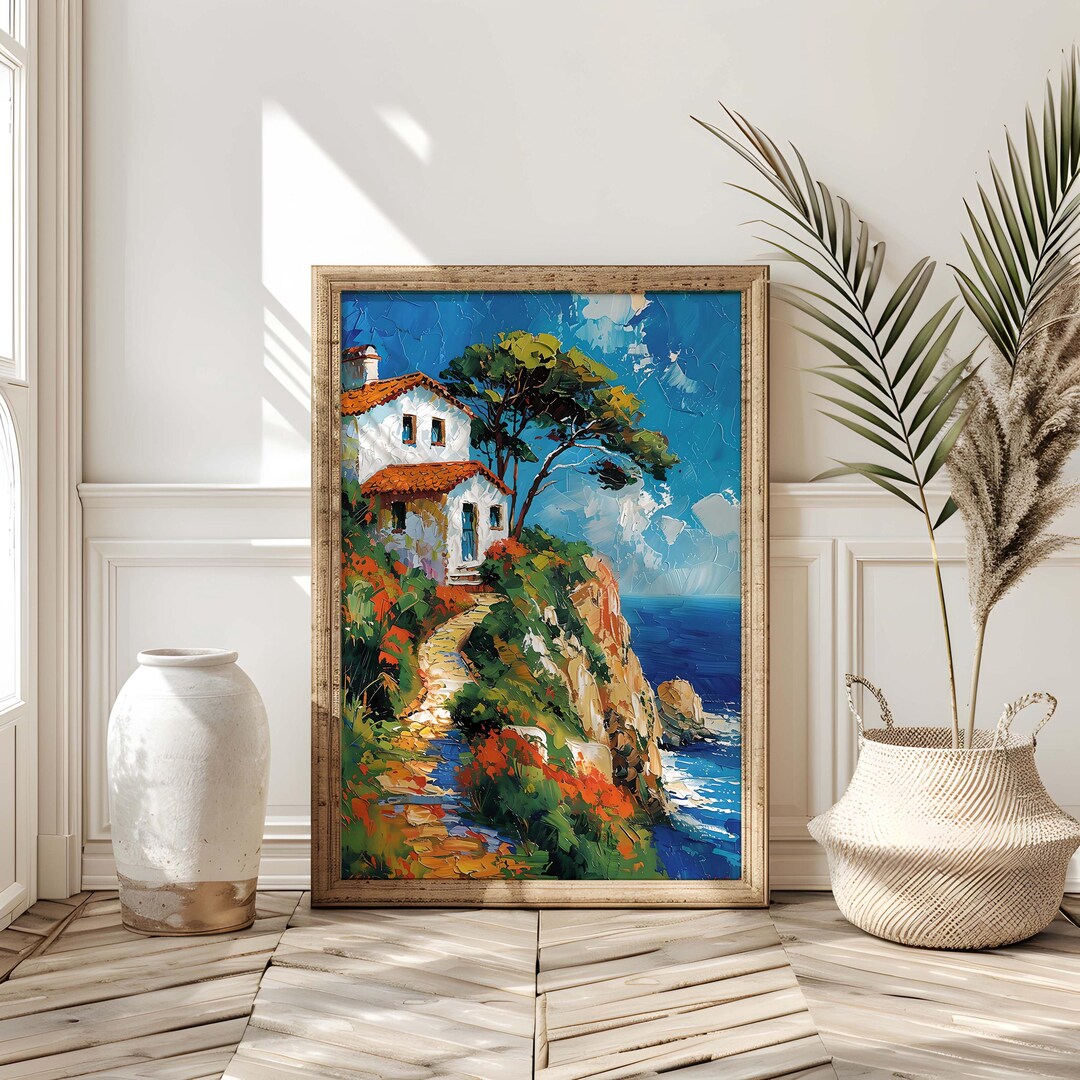 Mediterranean Cliffside Cottage Art, Vibrant Coastal Oil Painting ...