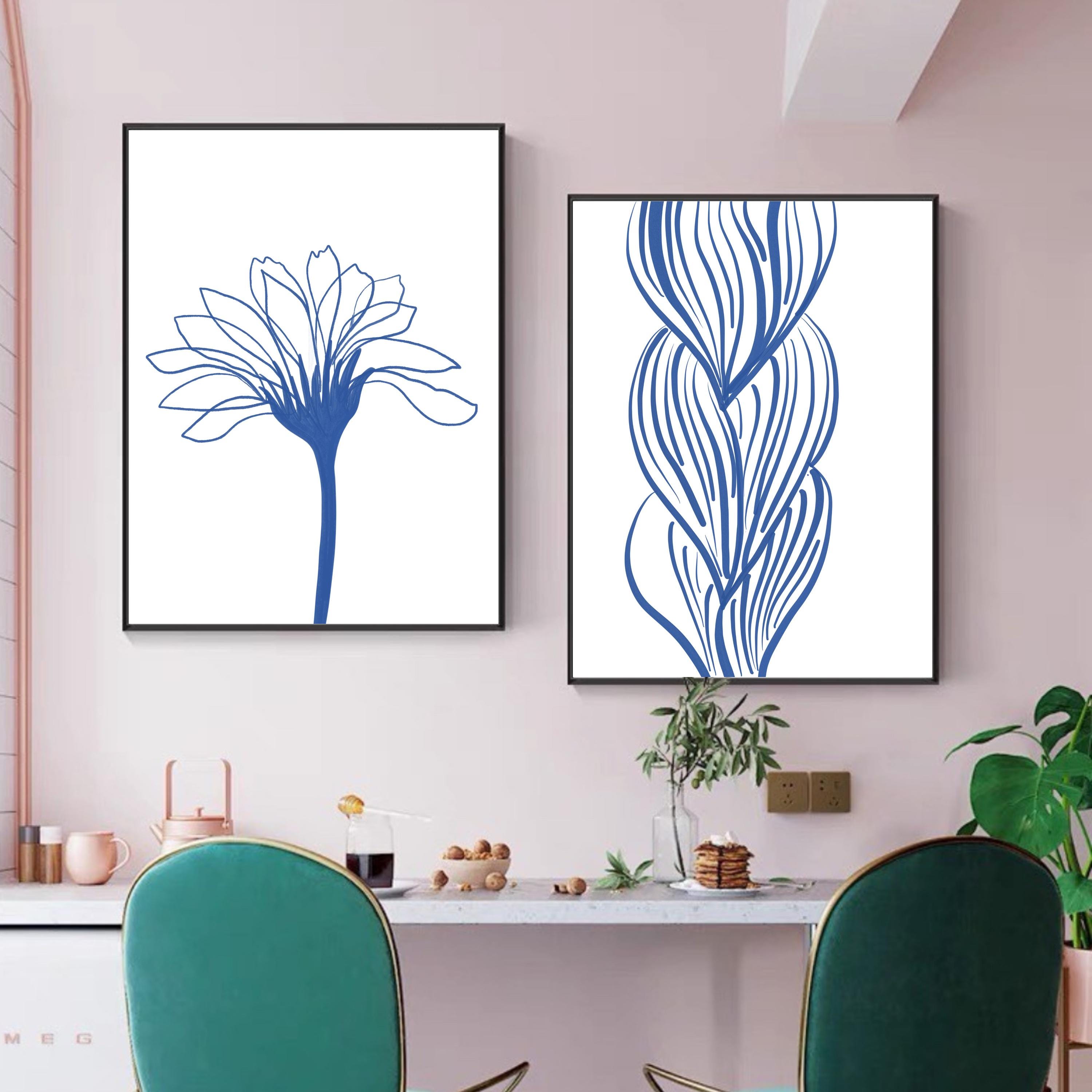 Blue Line Art Print Set: Minimalist Botanical Faces Decor (digital ...