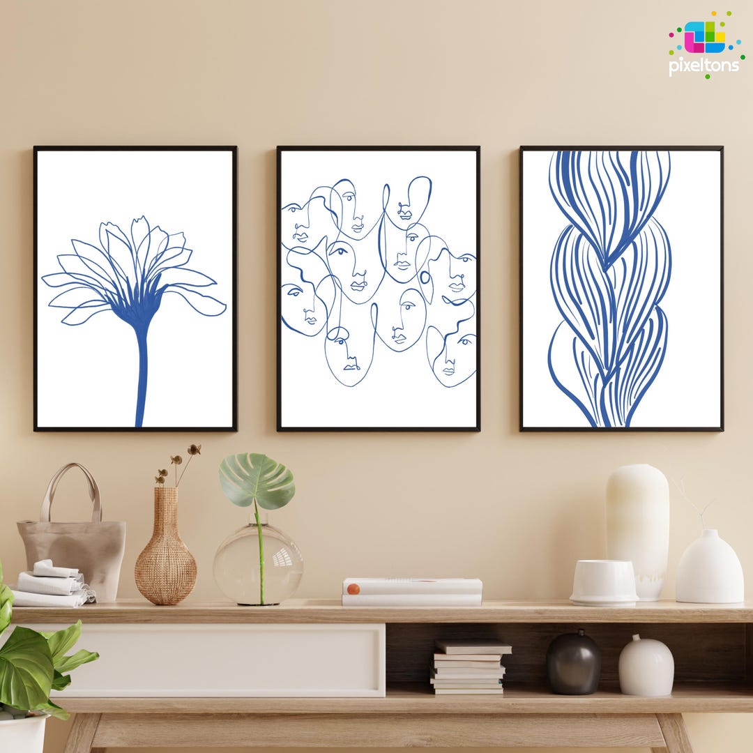 Trendy Blue Line Modern Minimalist Wall Art Set Abstract Blue Botanical ...