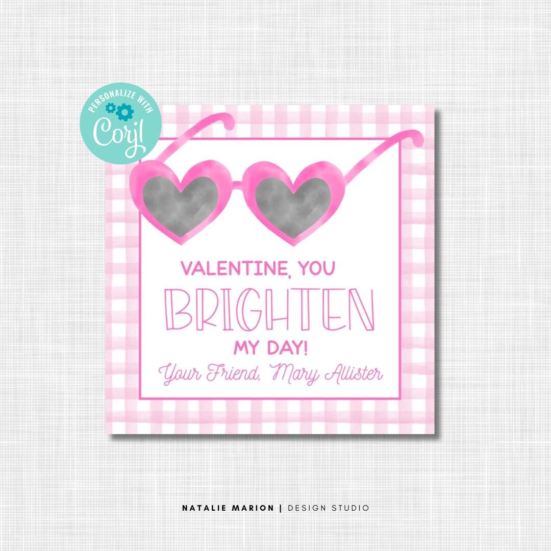 PRINTABLE Valentine's Day Classroom Favor Tag Sunglasses Pink Gingham ...