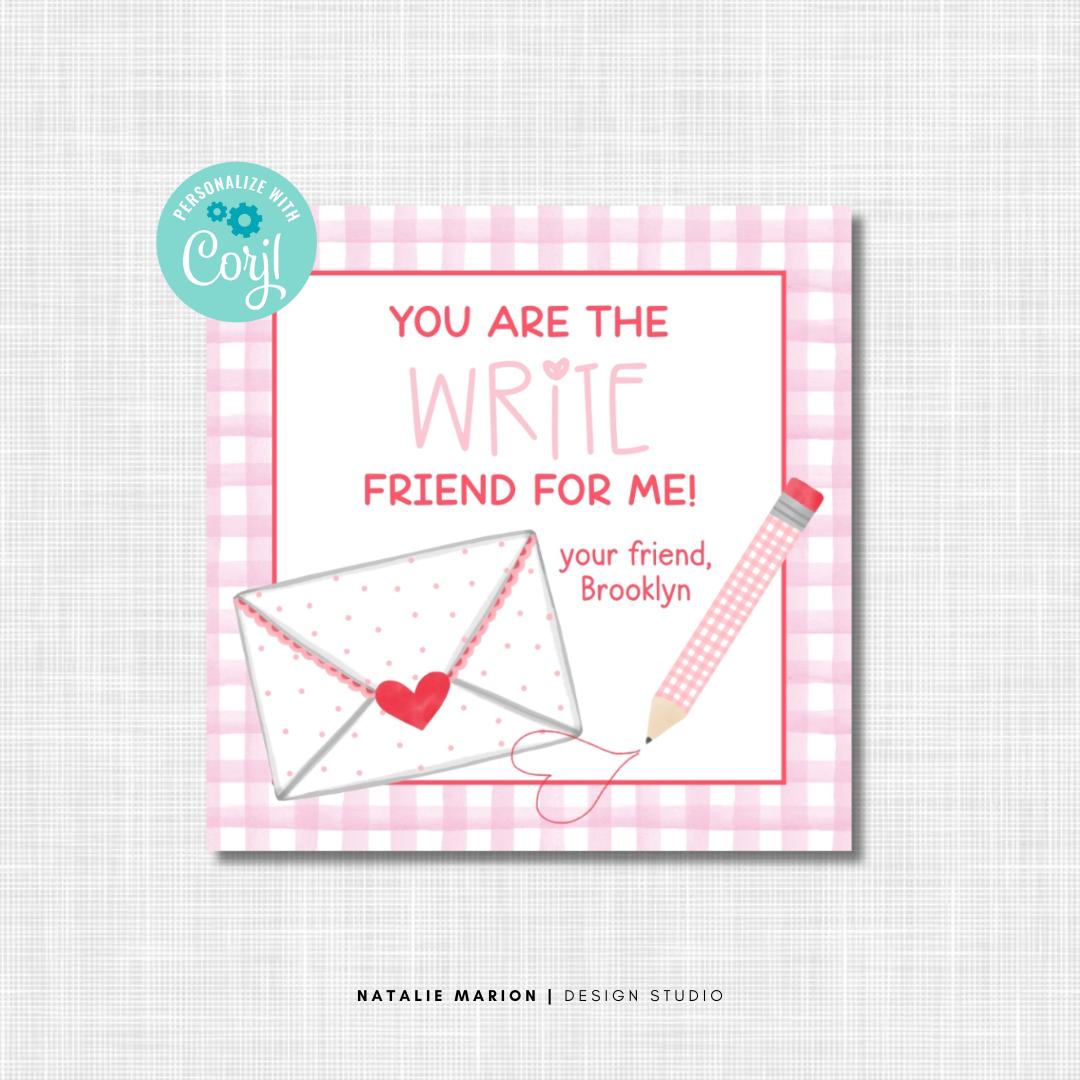 PRINTABLE Valentine's Day Classroom Favor Tag Pink Gingham Write Love ...