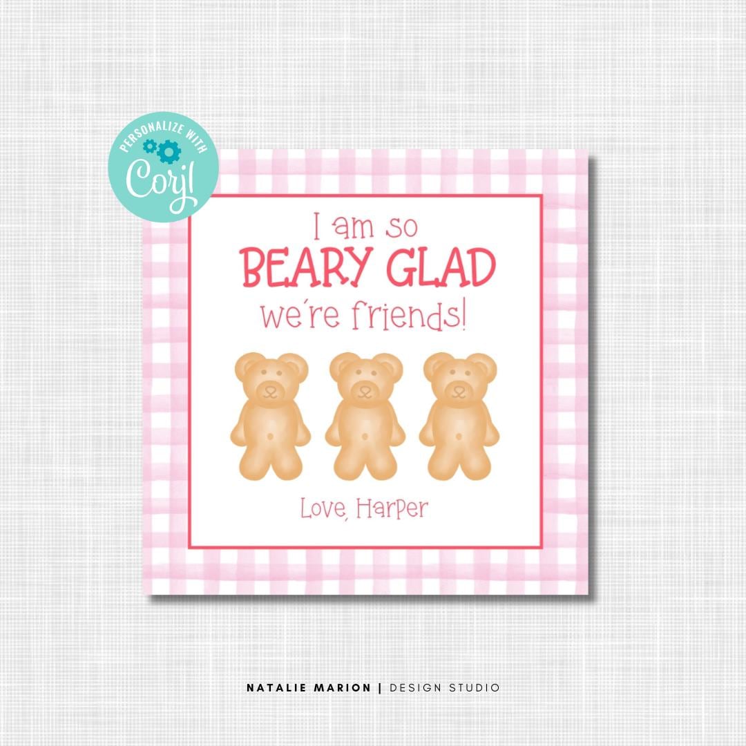 PRINTABLE Valentine's Day Classroom Favor Tag Pink Gingham Bear Grahams ...