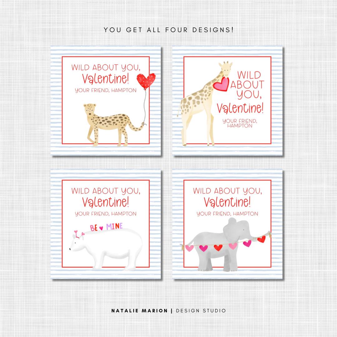 PRINTABLE Valentine's Day Classroom Favor Tag Wild About You Boy Animal ...