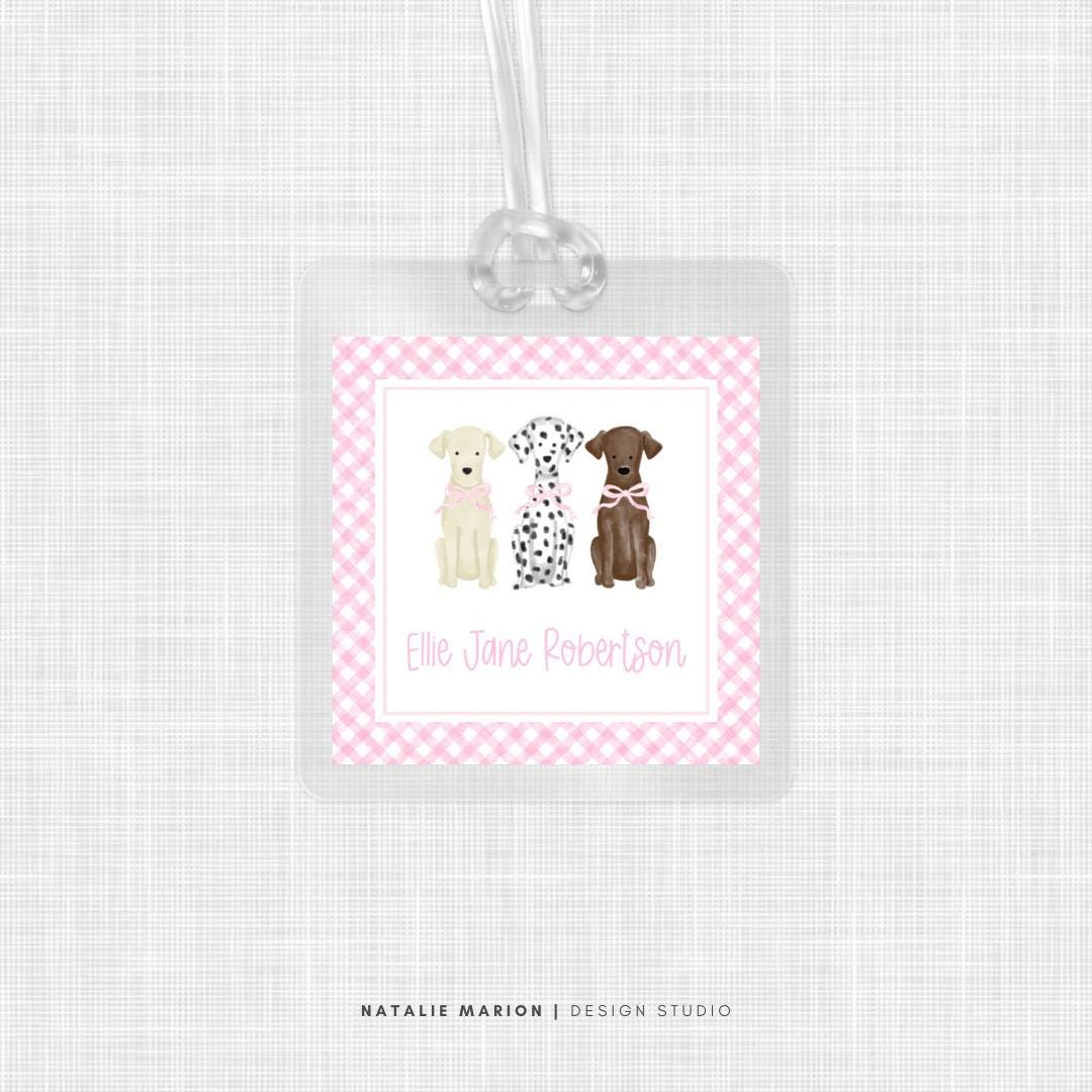 Personalized Dog Bag Tag Watercolor Pink Gingham Puppy With Bow Back to ...