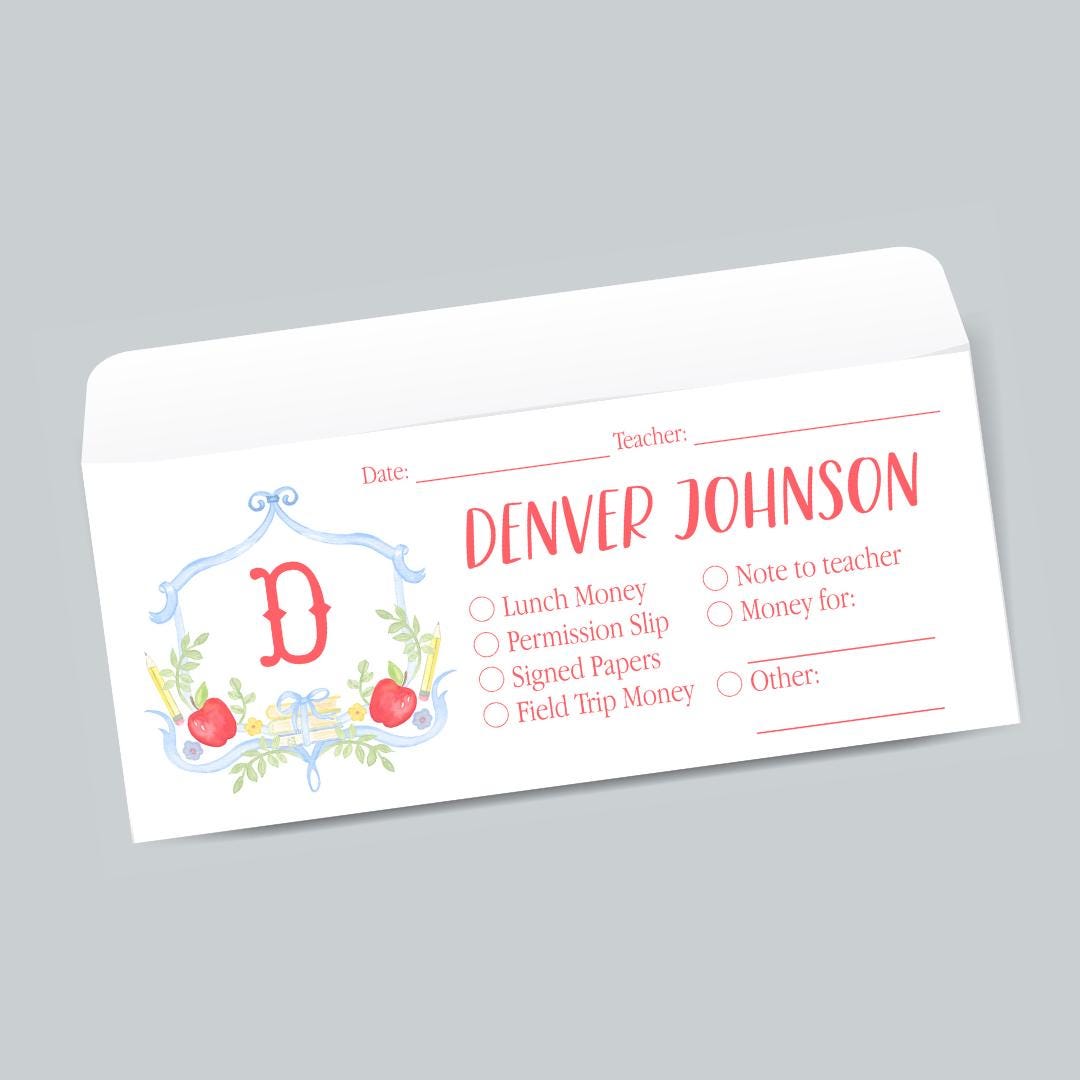 Personalized School Money Envelopes Watercolor School Crest for Lunch ...