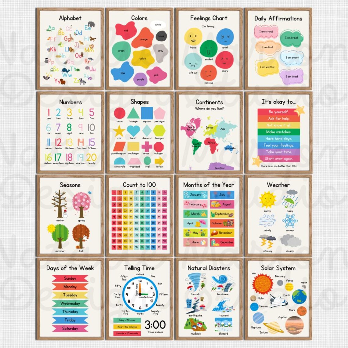 Educational Poster Set of 16 Montessori Classroom Decor Vibrant Rainbow ...