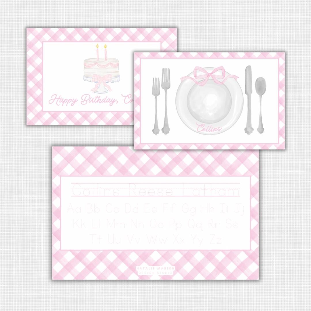 Food Safe Placemat Personalized Kids Tracing Mat: Pink Bow Gingham ...