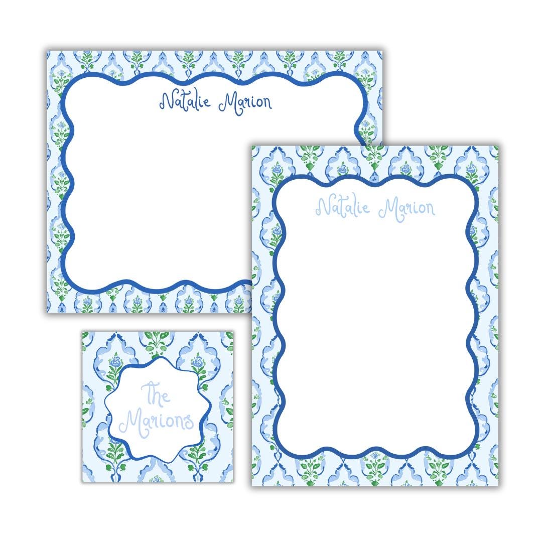 Personalized Blue and Green Floral Stationary Gift Set Watercolor Grand ...