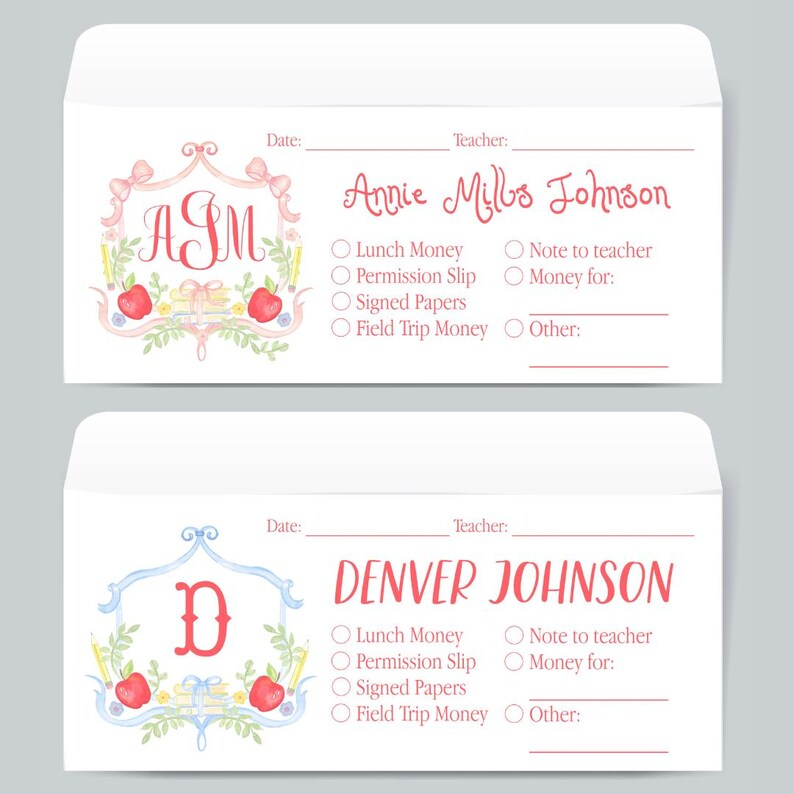 Personalized School Money Envelopes Watercolor School Crest for Lunch ...