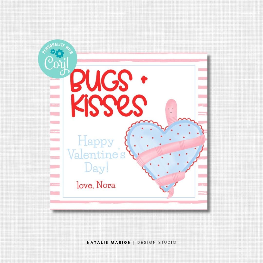 PRINTABLE Valentine's Day Classroom Favor Tag Pink Girl Bugs and Kisses ...