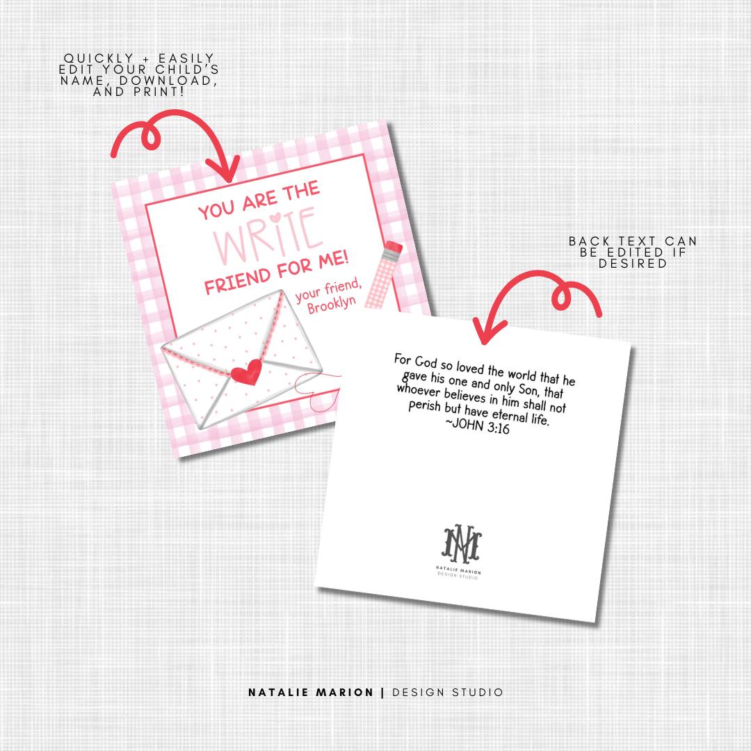 PRINTABLE Valentine's Day Classroom Favor Tag Pink Gingham Write Love ...