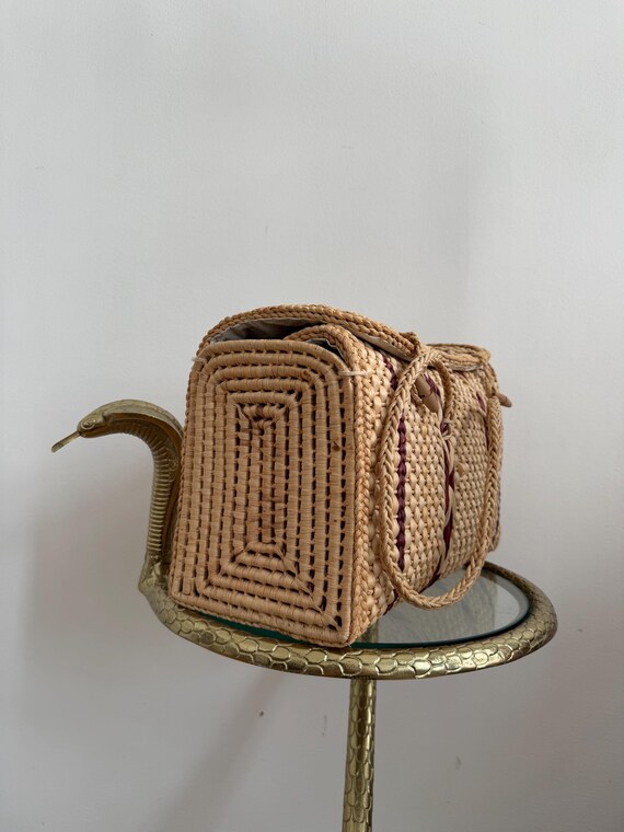 Vintage Large Woven Straw Bag 70s Picnic Basket Hampe… - Gem