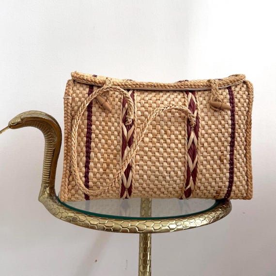 Vintage Large Woven Straw Bag 70s Picnic Basket Hampe… - Gem