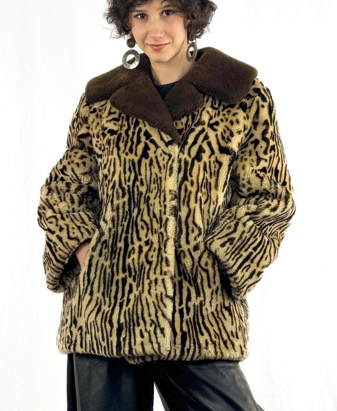 Vintage Animal Print Sheeps Wool Leather Faux Fur Coat Cheetah Tiger ...