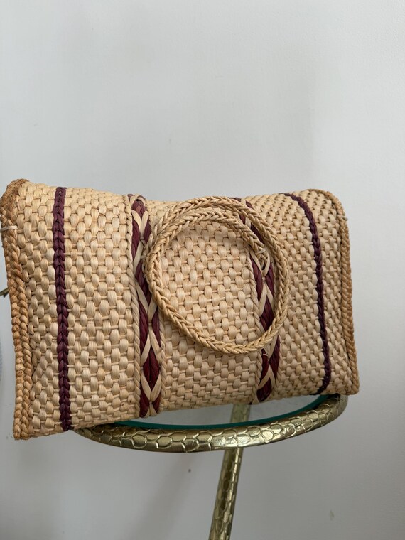 Vintage Large Woven Straw Bag 70s Picnic Basket Hampe… - Gem
