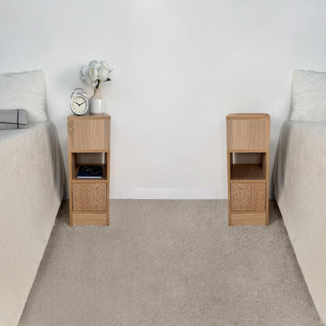 2 SLIM Bedside Tables Nightstand Set of 2 Bedroom Storage With 1 Drawer ...