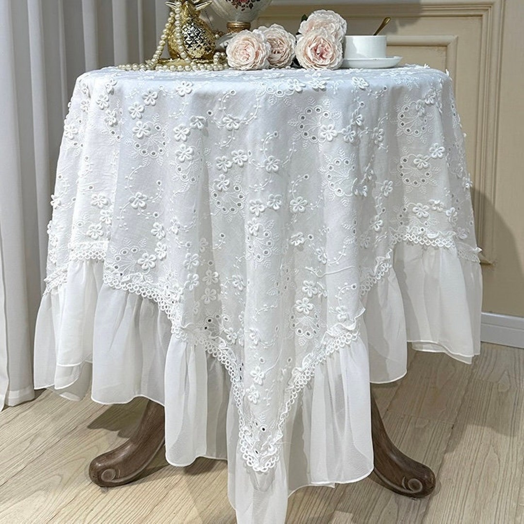 White Lace Embroidered Frill Tablecloth Wedding Tablecloth Home Decor ...