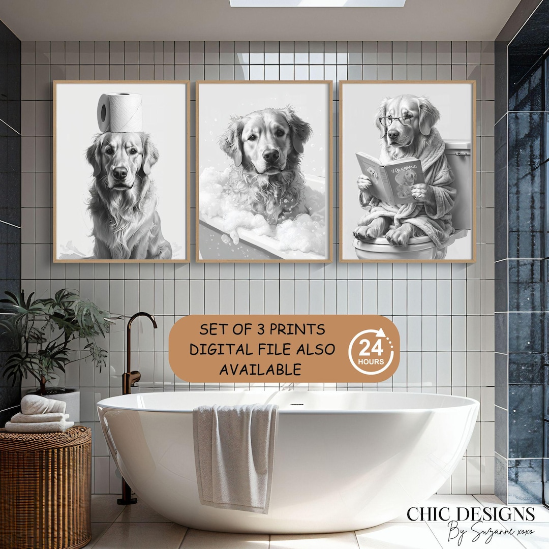 Set of 3 Custom Pet Portraits, Dog in Toilet, Pet in Bathtub, Custom ...