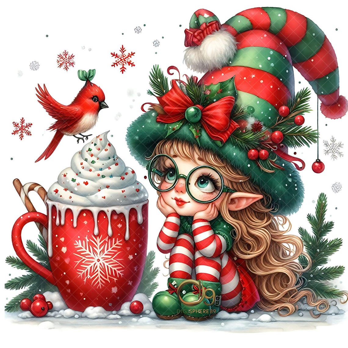 Whimsical Christmas Elf With Cardinal Clipart, 11 High Res Jpgs for ...
