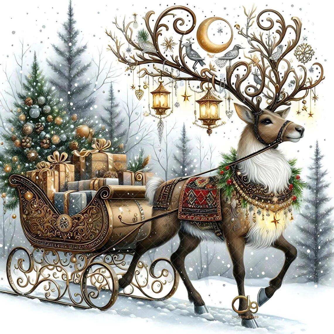 Woodland Reindeer Sleigh Clipart 10 High Res Watercolor Jpgs Christmas ...