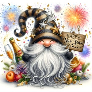 Happy New Year Gnomes Clipart, 12 High Res Jpgs, Watercolor Festive ...