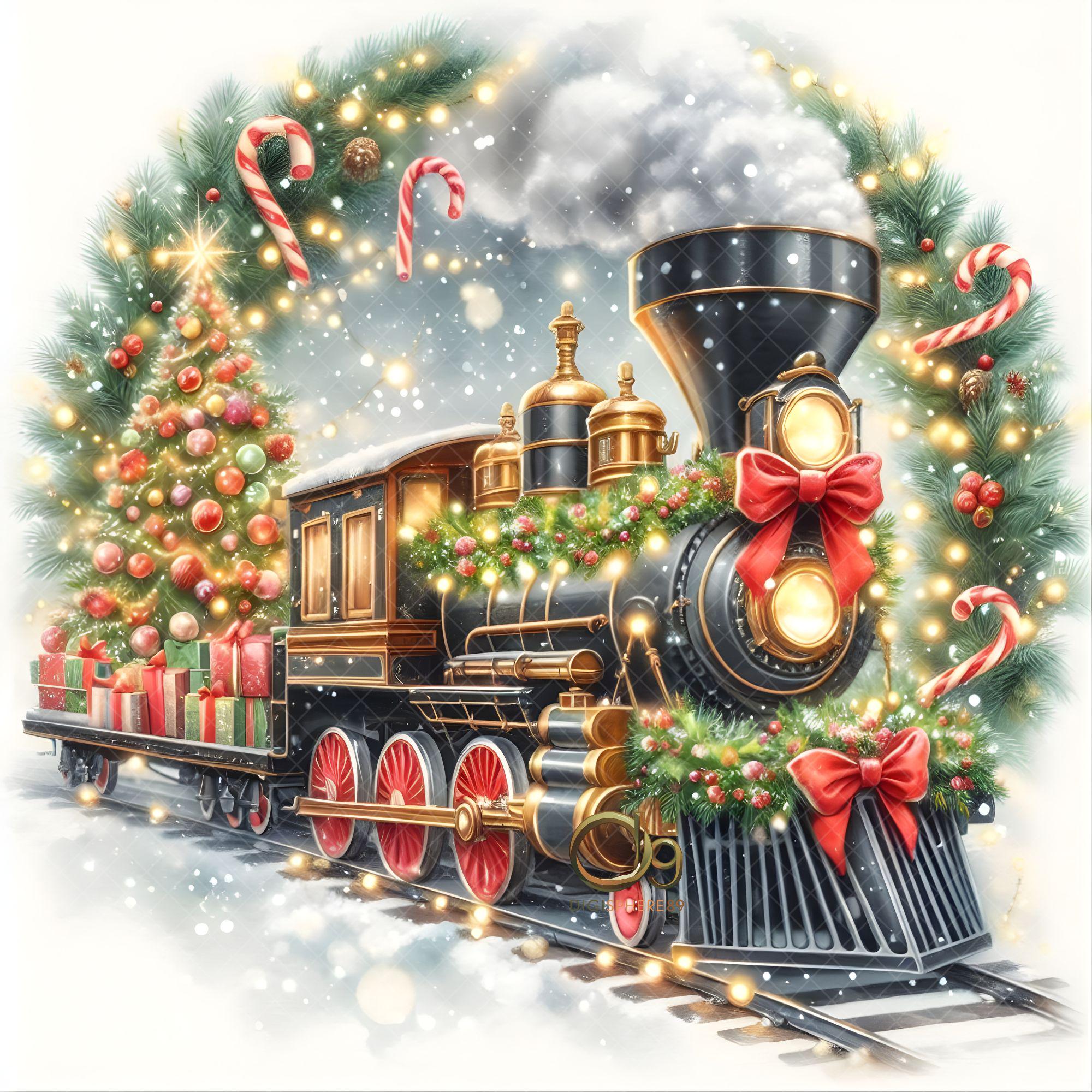 Christmas Train Clipart Set of 10 Jpgs Watercolor Winter Train Festive ...